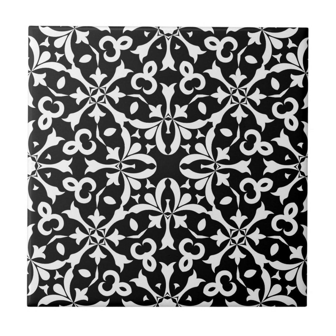 Black and White Elegant Vintage Damask Pattern Ceramic Tile | Zazzle