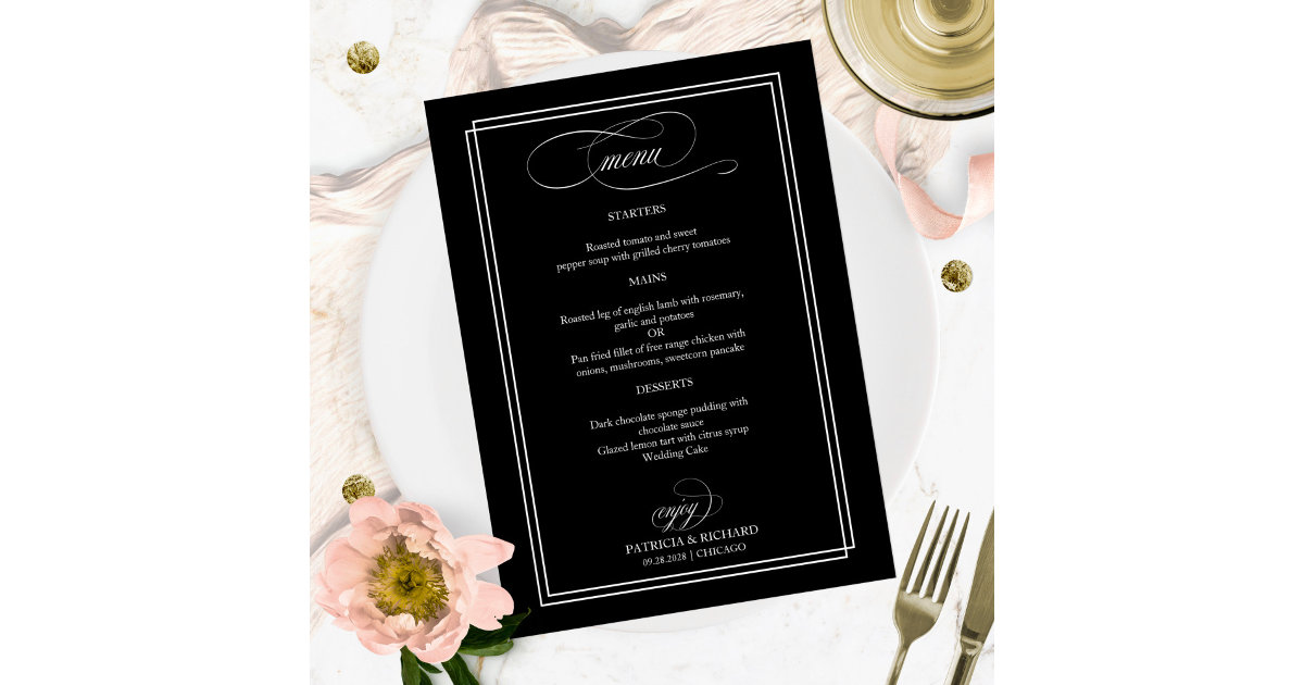 Black And White Elegant Wedding Menu | Zazzle