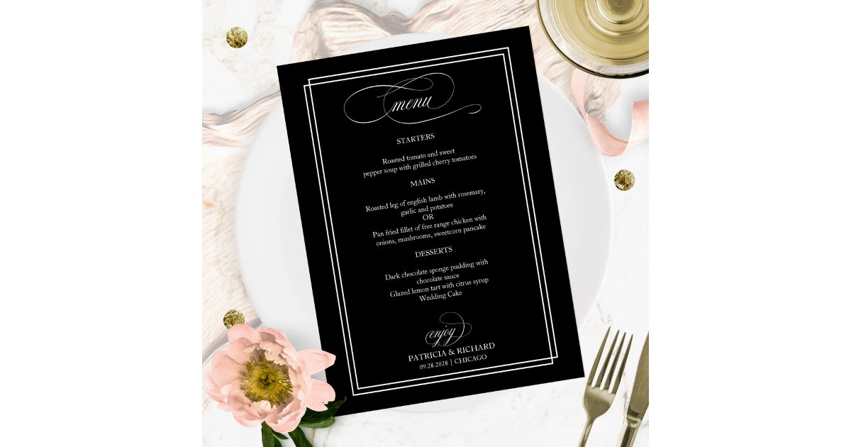 Black And White Elegant Wedding Menu | Zazzle