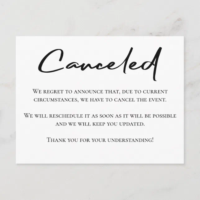 Black and white event canceled announcement postcard | Zazzle