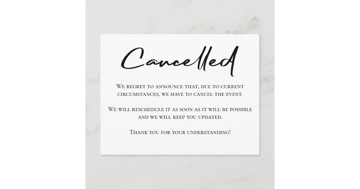 Black and white event cancellation announcement postcard | Zazzle