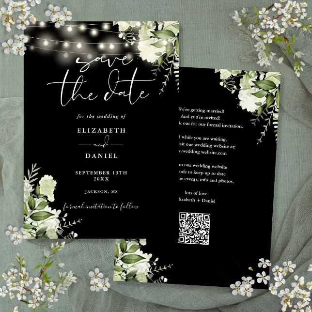 Black And White Floral Lights QR Code Wedding Save The Date | Zazzle