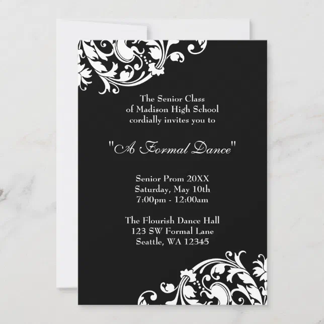Black and White Flourish Prom Formal Invitations | Zazzle