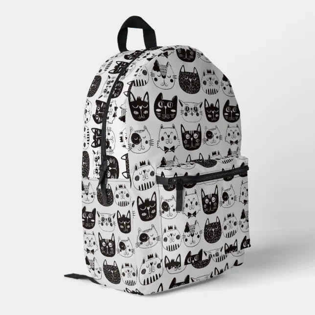 Black and White Funny Cat Faces Pattern Printed Backpack | Zazzle