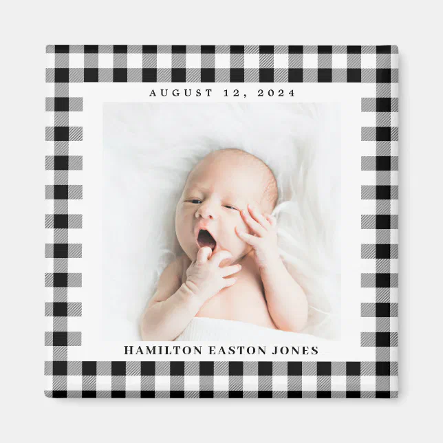 Black and White Gingham Check Baby Birthdate Magnet | Zazzle