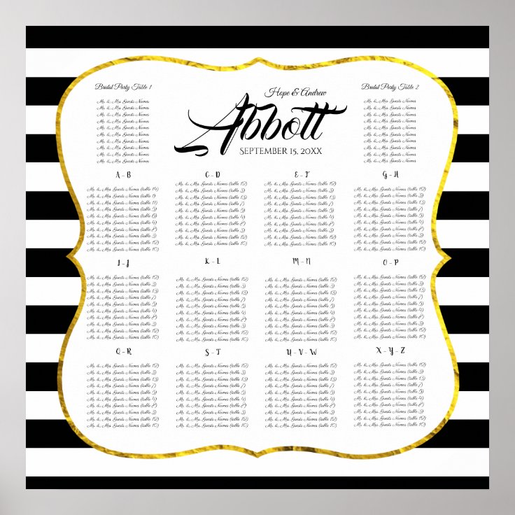 Black and White Gold Seating Chart Alphabetical | Zazzle