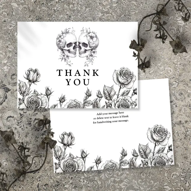 Black And White Gothic Floral Skulls Wedding Thank You Card | Zazzle