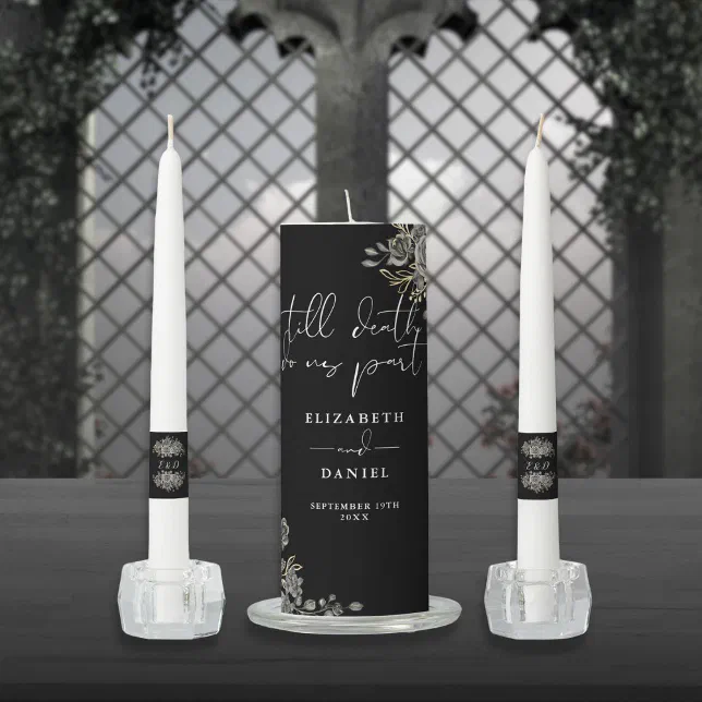 Black And White Gothic Roses Floral Wedding Unity Candle Set | Zazzle