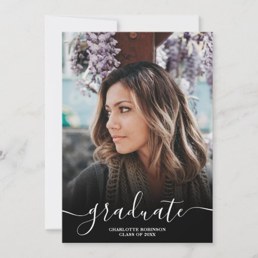 Black and white graduate script photos graduation announcement | Zazzle