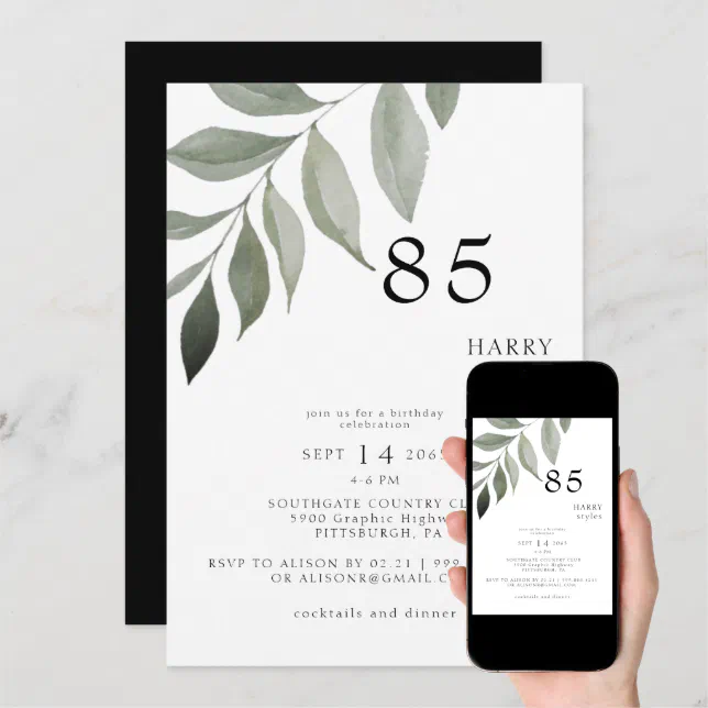 Black and White Greenery 85TH Birthday Party Invitation | Zazzle