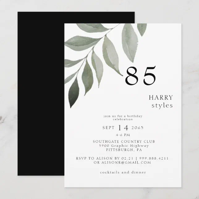 Black and White Greenery 85TH Birthday Party Invitation | Zazzle