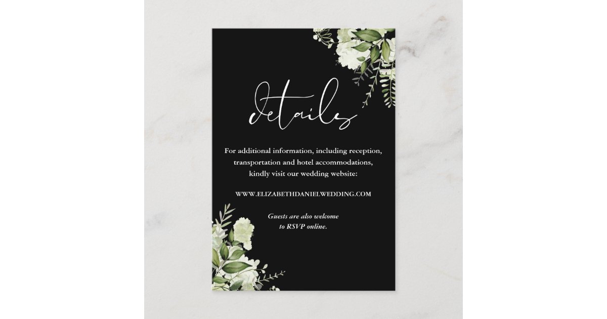 Black And White Greenery Floral Wedding Details Enclosure Card | Zazzle