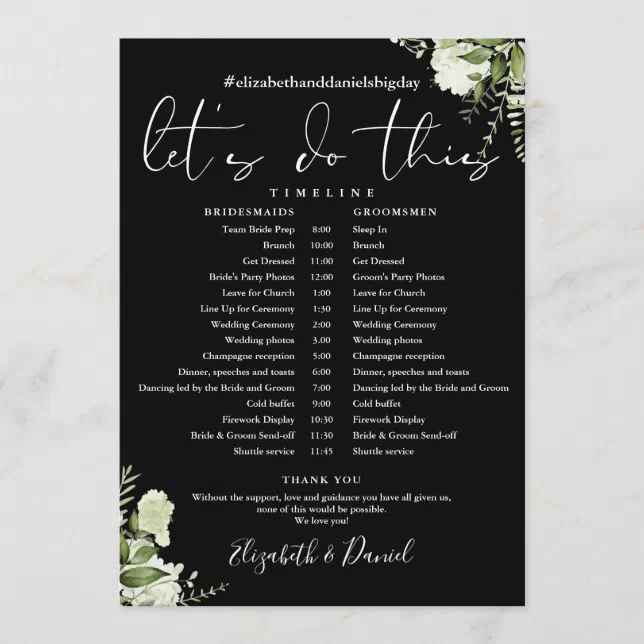 Black And White Greenery Wedding Schedule Timeline Program | Zazzle