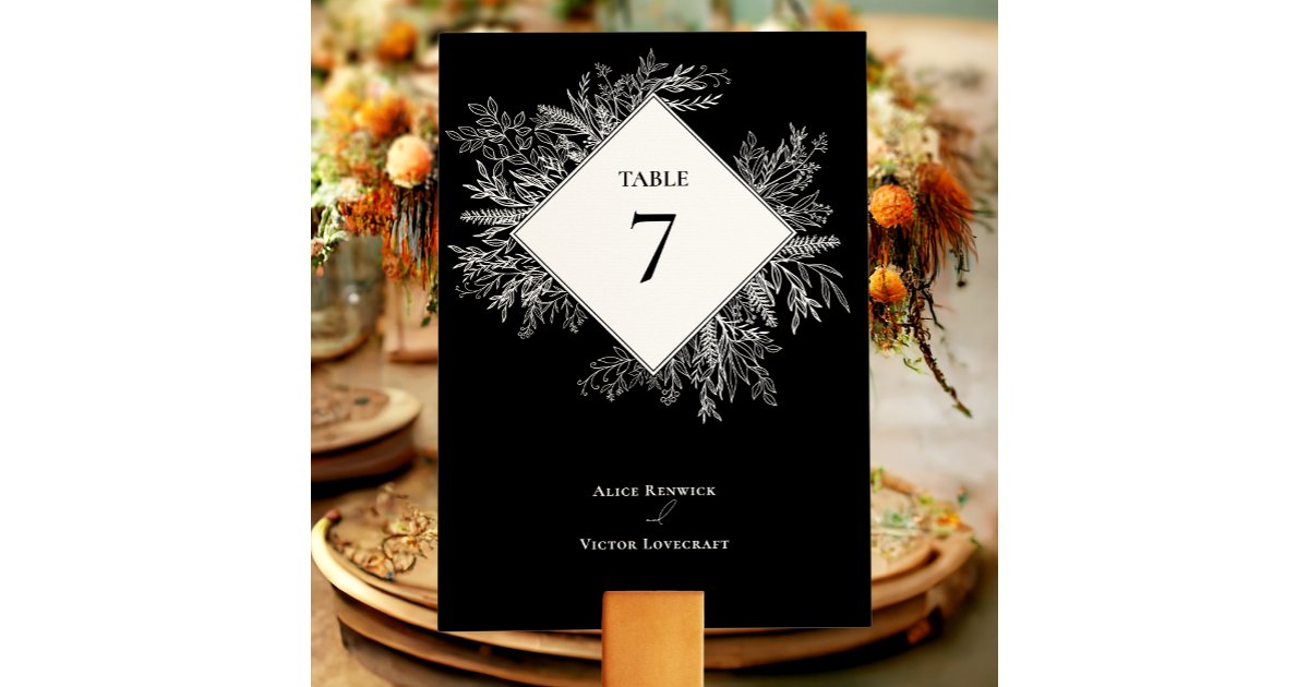 Black and White Greenery Wedding Table Number | Zazzle