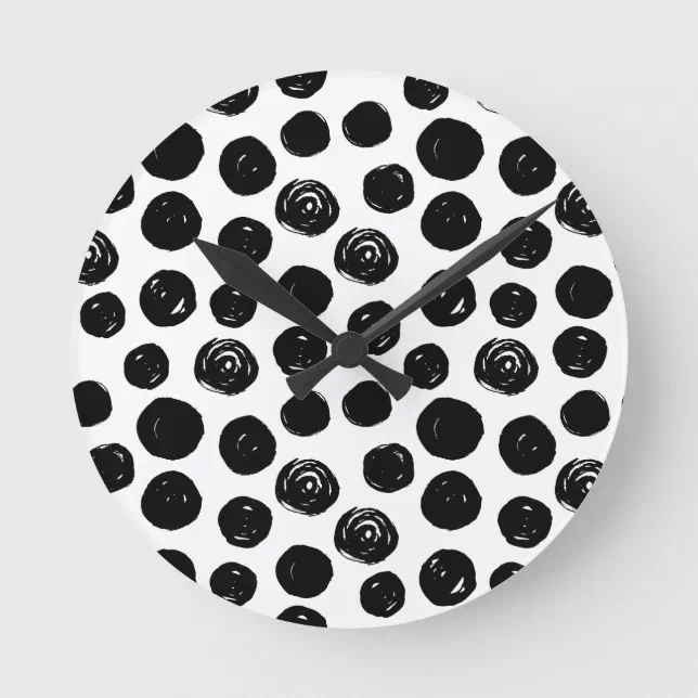 Black and white hand drawn watercolor polka dots round clock | Zazzle