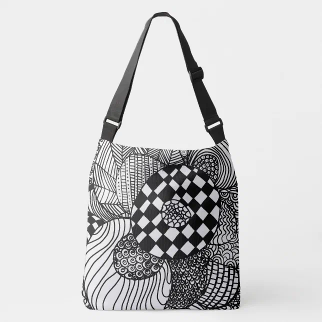 Black and White Hand Drawn Zen Doodle Drawing Crossbody Bag | Zazzle