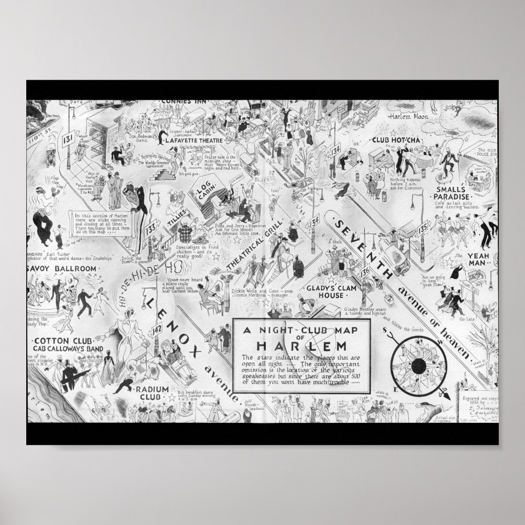 black and white harlem night clubs map poster | Zazzle