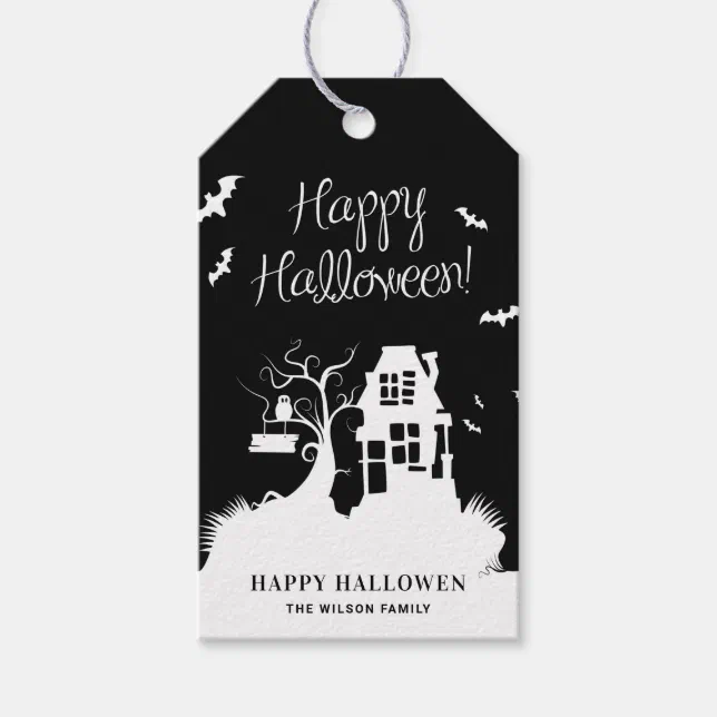 Black and White Haunted House Halloween Party Gift Tags | Zazzle