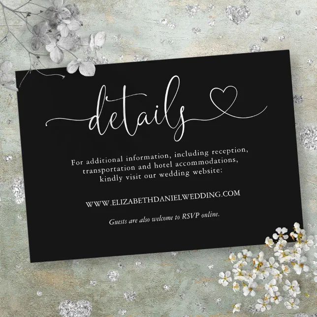 Black And White Heart Script Wedding Details Enclosure Card | Zazzle