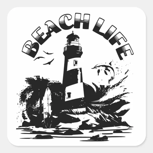 Black and White Lighthouse Beach Life Square Sticker | Zazzle