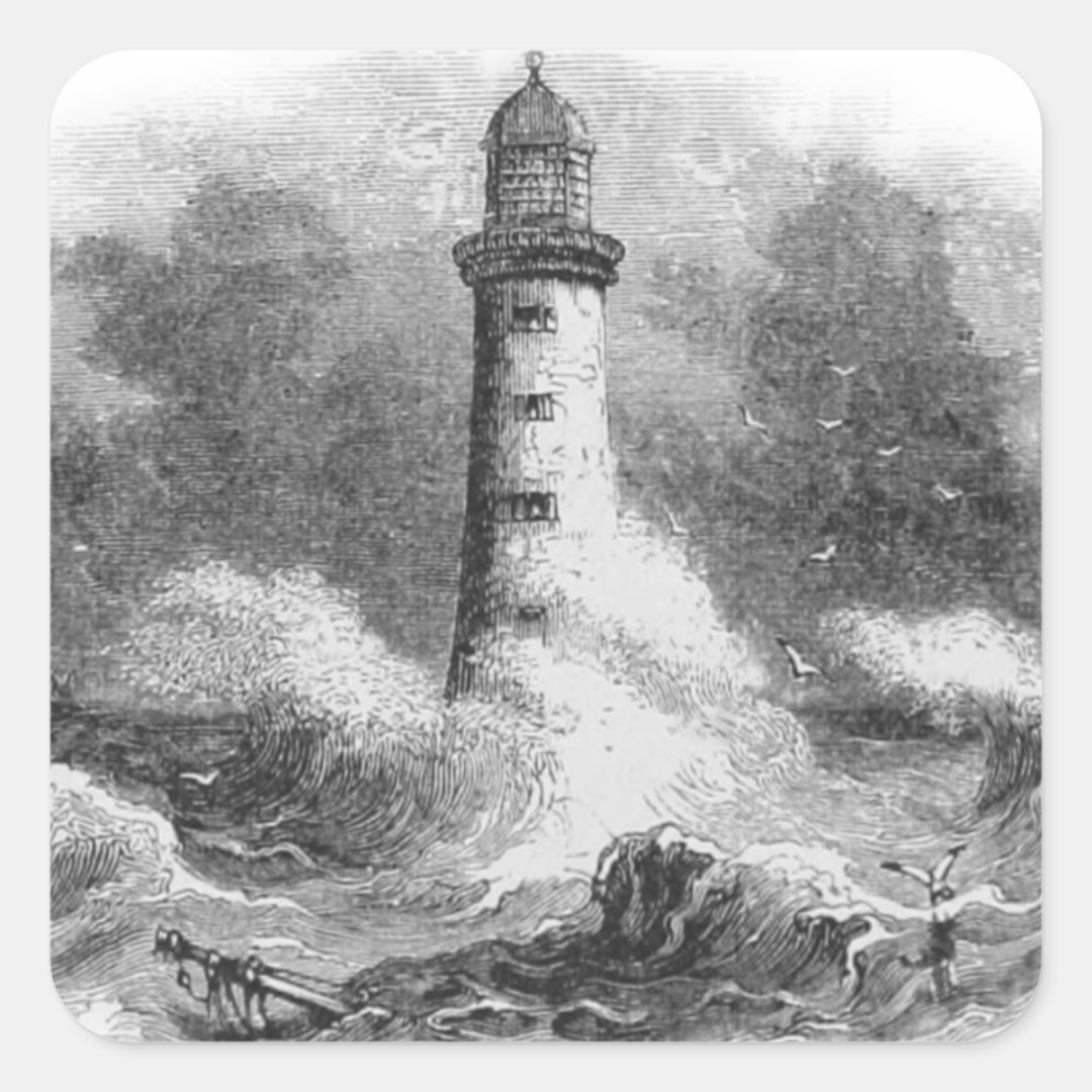 Black and White Lighthouse Etching Square Sticker | Zazzle