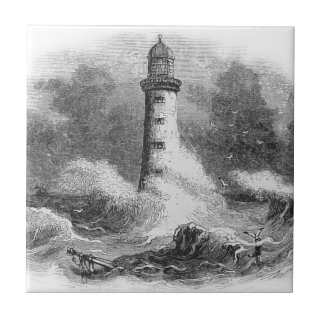 Black and White Lighthouse Etching Tile | Zazzle