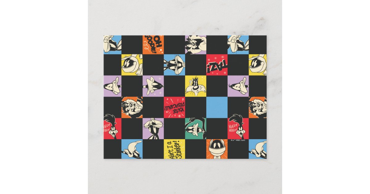 Black and White LOONEY TUNES™ in Colorful Checker Postcard | Zazzle
