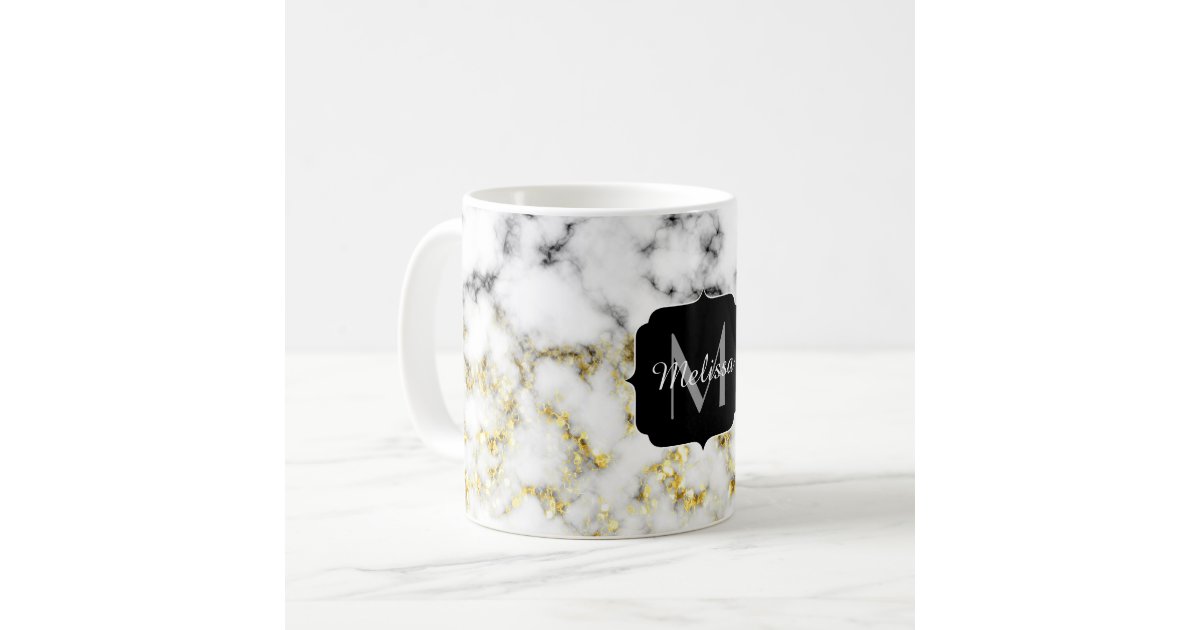 Black and white marble gold sparkle flake Monogram Coffee Mug | Zazzle