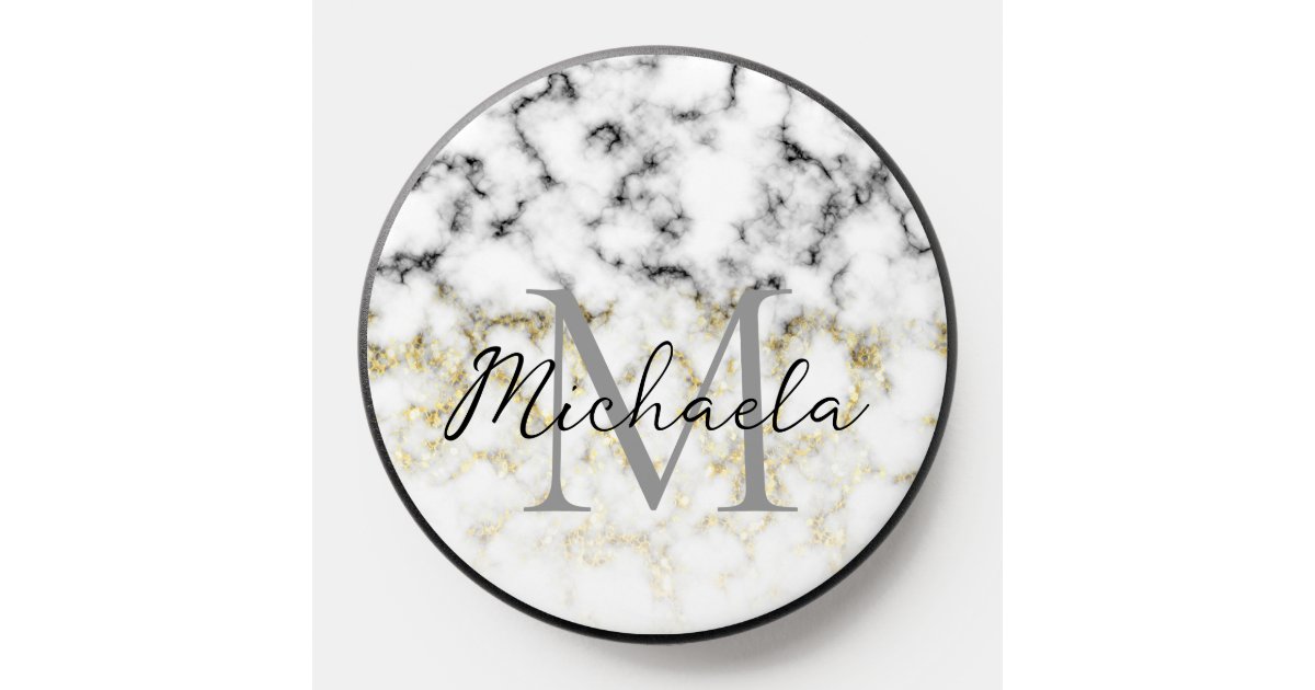 Black and white marble gold sparkle flake Monogram PopSocket | Zazzle