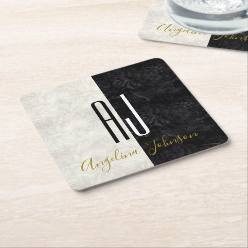Black and White Marble Monogrammed Square Paper Coaster | Zazzle