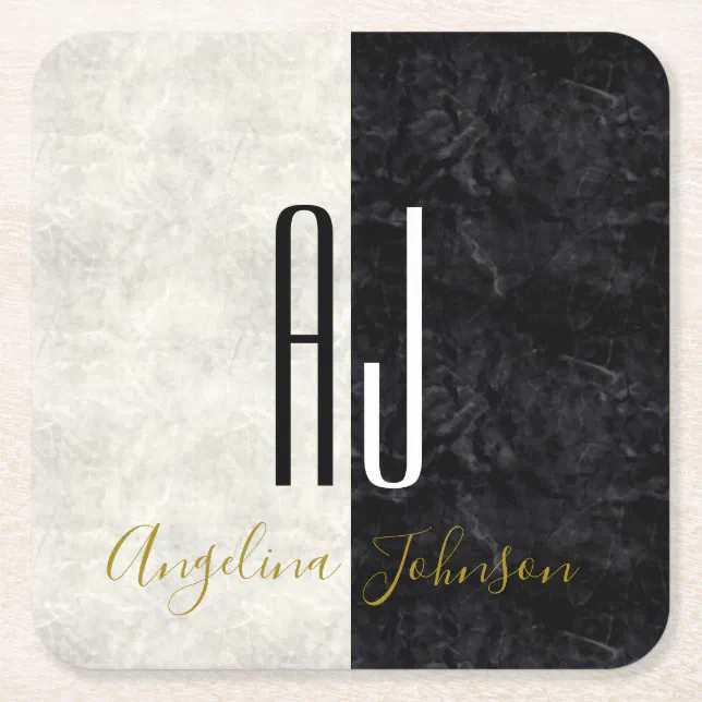 Black and White Marble Monogrammed Square Paper Coaster | Zazzle