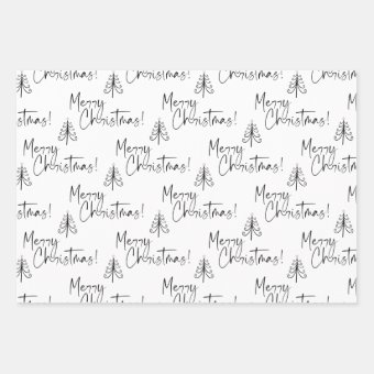 Black and White Merry Christmas Tree Wrapping Pape Wrapping Paper ...