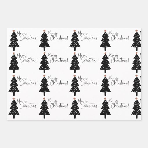 Black and White Merry Christmas Tree Wrapping Paper Sheets | Zazzle