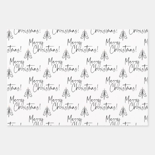 Black and White Merry Christmas Tree Wrapping Paper Sheets | Zazzle