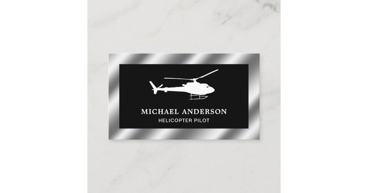 Black and White Metallic Steel Helicopter Pilot Business Card | Zazzle