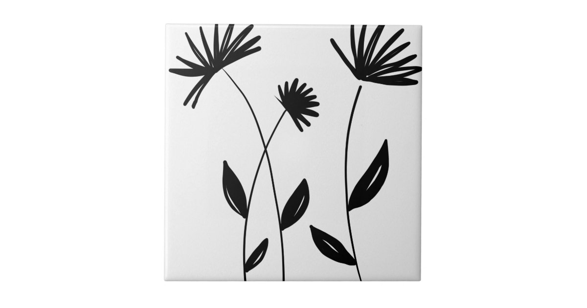 black and white minimalist abstract flowers ceramic tile | Zazzle