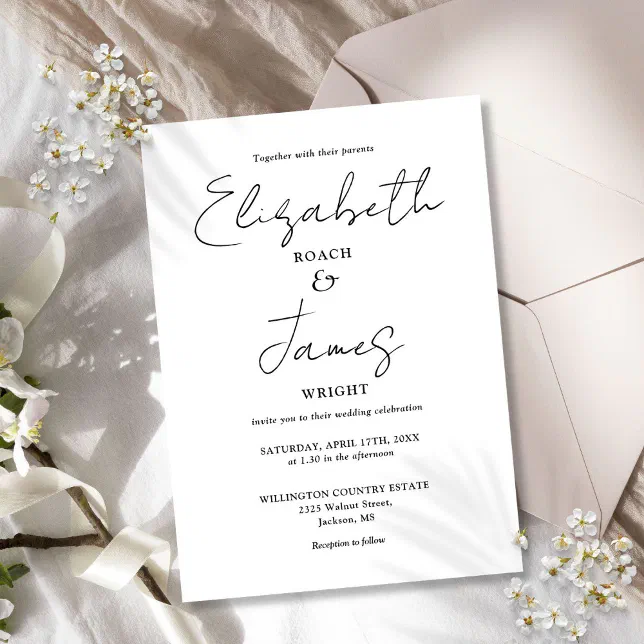 Black And White Minimalist Elegant Script Wedding Invitation | Zazzle