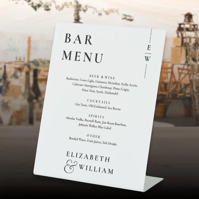 Black And White Minimalist Monogram Bar Menu Pedestal Sign | Zazzle