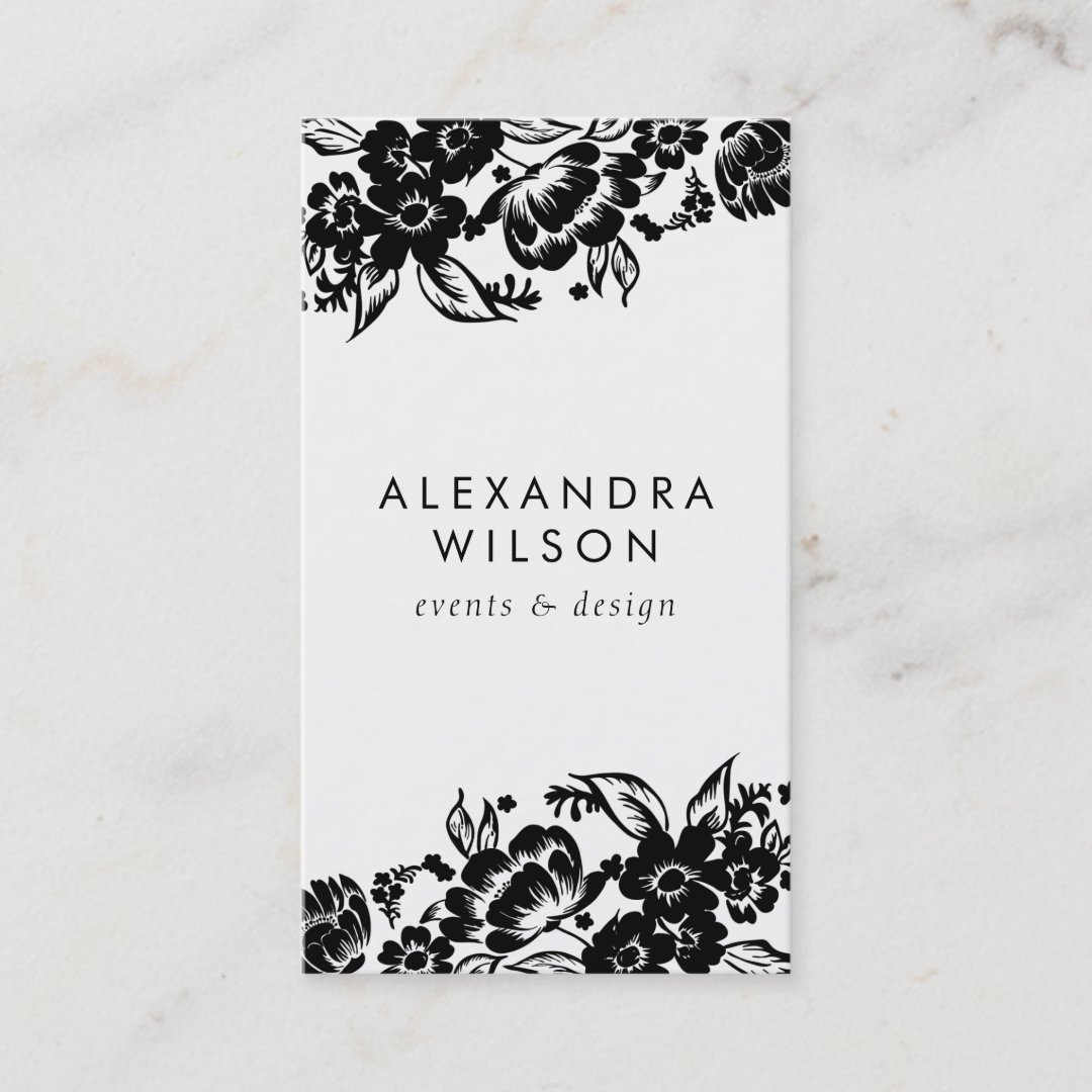 Black and White Modern Floral Accent Business Card | Zazzle