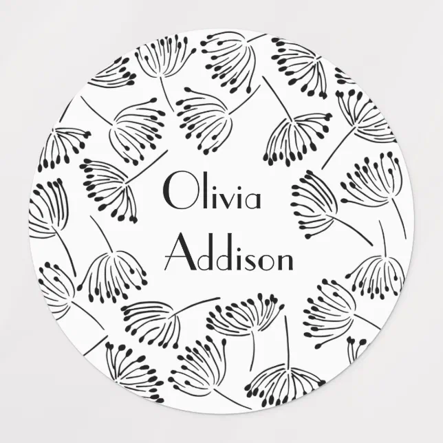 Black and White Modern Name Floral Dandelion Labels | Zazzle