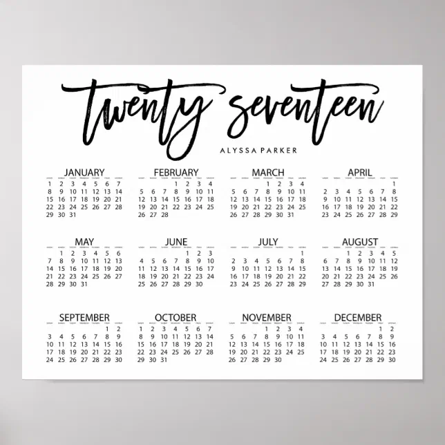 Black and White Modern Typography 2017 Calendar Poster | Zazzle