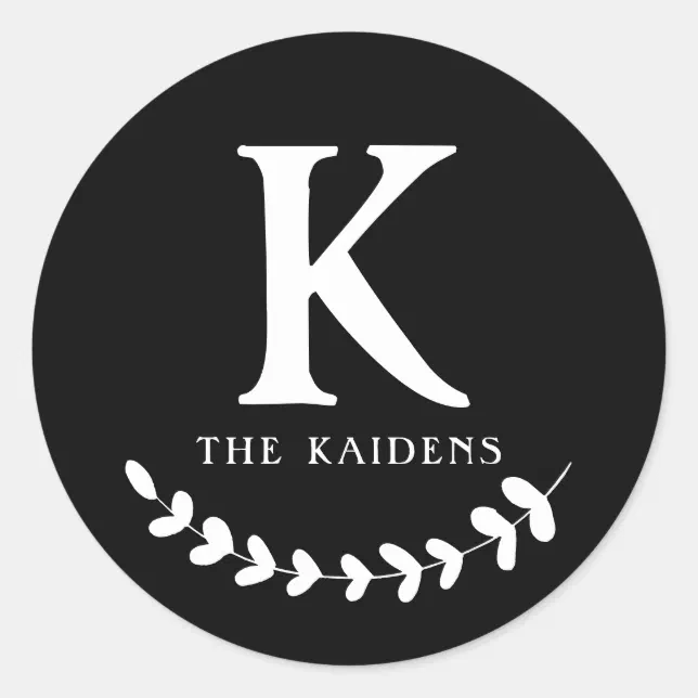Black and White Monogram Initial Family Last Name Classic Round Sticker ...