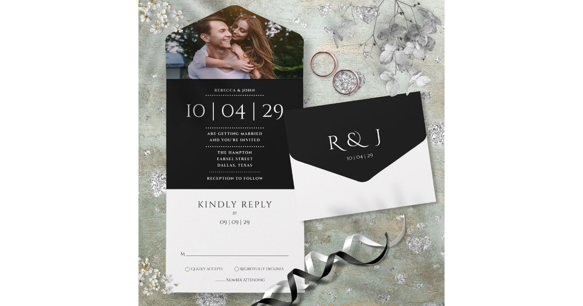Black And White Monogram Photo Wedding Date All In One Invitation | Zazzle