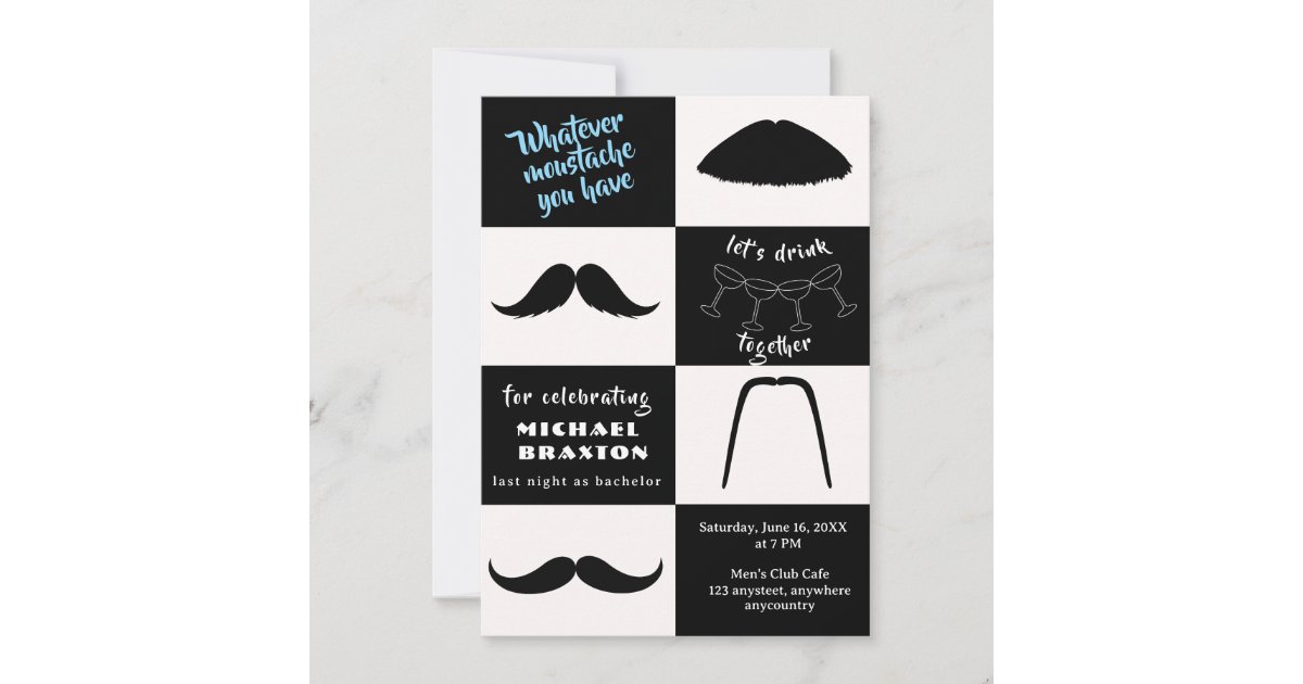 Black and White Moustache Styles Bachelor Party Invitation | Zazzle
