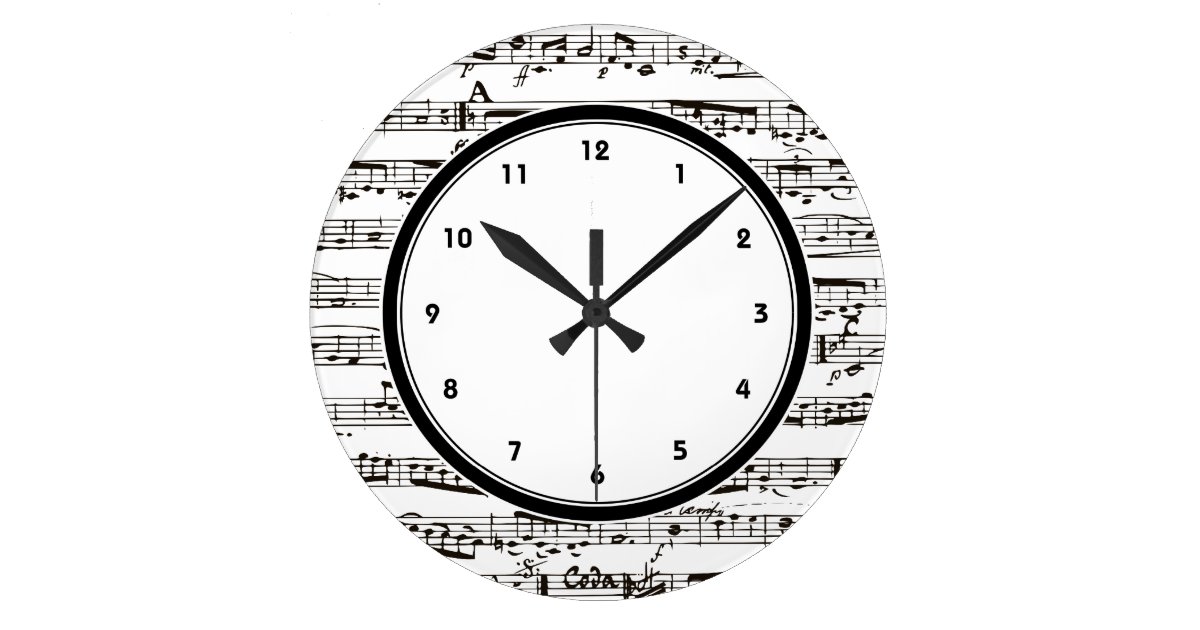 Black and white music notes clock with numbers | Zazzle