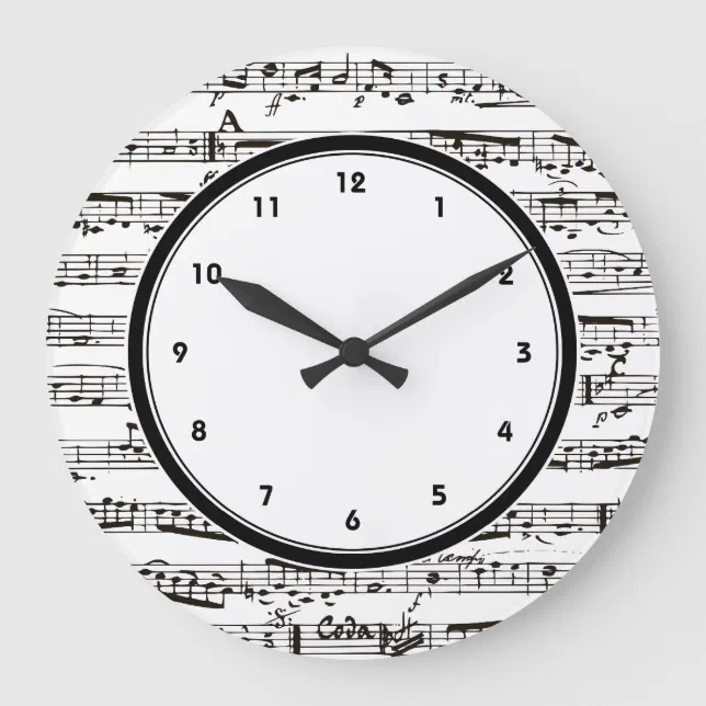 Black and white music notes clock with numbers | Zazzle