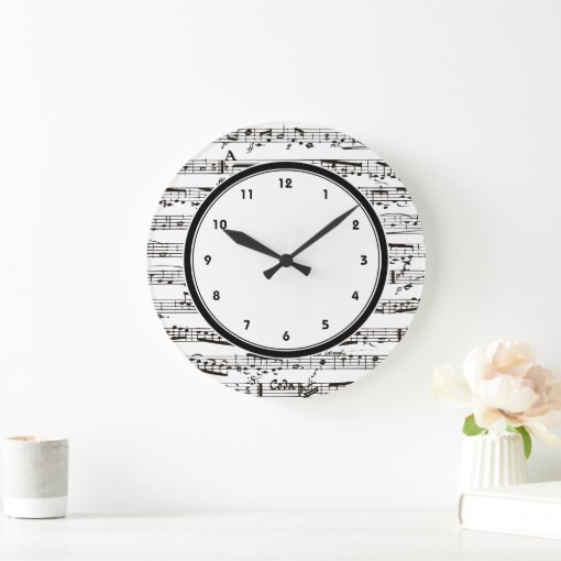Black and white music notes clock with numbers | Zazzle