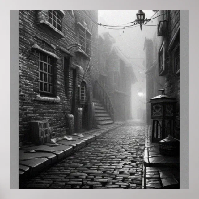 Black and White Mystery old Street in an old town Poster | Zazzle