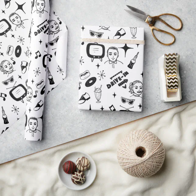 Black and White Nostalgic Retro 1950's Style Wrapping Paper | Zazzle