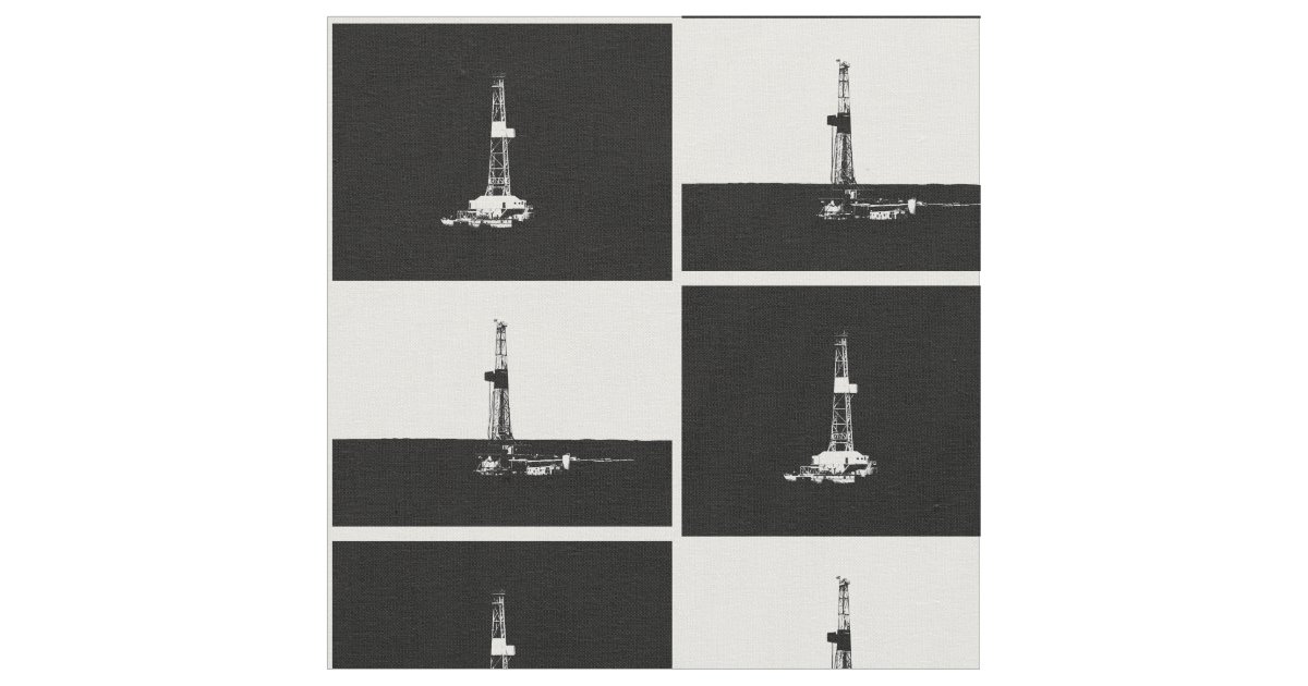 Black and White Oil Drilling Rig Silhouettes Fabric | Zazzle